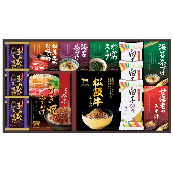 《1箱の内容》 内容／人形町今半すき焼きふりかけ30g・松阪牛ふりかけ30g・甘海老みそ汁（7.5g×2袋）・丸美屋のり茶漬け（6g×4袋）・丸美屋のり茶漬け（6g×2袋）・永谷園松茸風味お吸い物（2.3g×2袋）・わかめスープ（3.5g×...