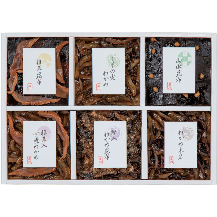 《1箱の内容》 内容／椎茸昆布45g・しその実わかめ45g・山椒昆布45g・椎茸入甘煮わかめ45g・鰹入わかめ昆布50g・わかめ木耳50g 箱サイズ／170×240×28mm 明治35年より伝えられてきた調味料を佃煮に全て染み込ますことによ...
