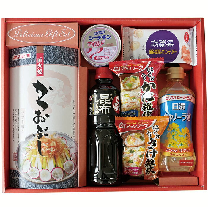 1箱の仕様 内容／マルトモ直火焼きかつおぶしソフトパック/2.5g×7袋、トモエ日高昆布しょうゆ/500ml、日清キャノーラ油R/350g、はごろもシーチキンマイルド/70g、白子丸大豆醤油朝食のり/8切5枚、アマノフーズ(かに雑炊、さけ雑...