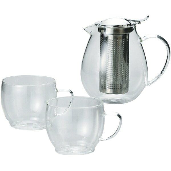 内容／ポット135×100×125mm（580ml）・カップφ80×65mm（150ml）×2：耐熱ガラス、茶こし：ステンレス 箱サイズ／240×120×145mm 重量／550g 中国製ギフト対応