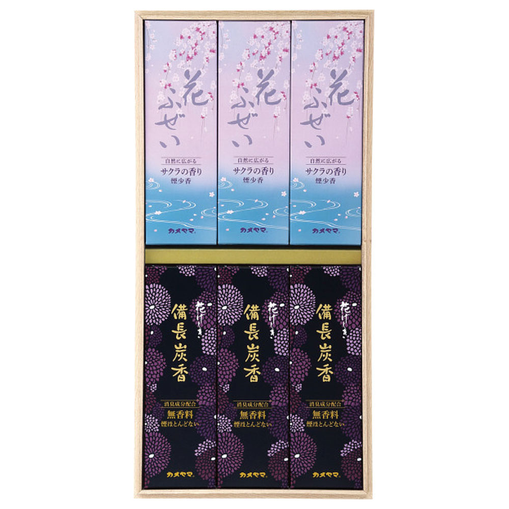 ●箱サイズ：約16.5×33×3.7（cm）/重さ：480g●桐箱入●タブ粉・炭・香料・活性炭・備長炭木酢液・天然植物抽出消臭剤●花ふぜい桜線香（30g）×3箱、備長炭香線香（30g）×3箱●カメヤマのお線香ラインナップから人気のお線香2種...