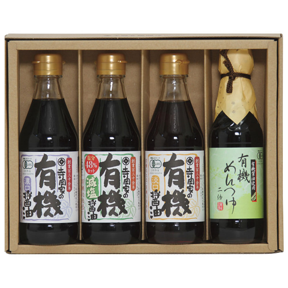 ●箱サイズ：約28×22×7（cm）/重さ：2.3kg●化粧箱●寺岡家の有機醤油濃口300ml、寺岡家の有機醤油淡口300ml、寺岡家の有機減塩醤油300ml、有機めんつゆ2倍240ml●有機醤油と有機めんつゆの詰め合わせセット●原産国：日...