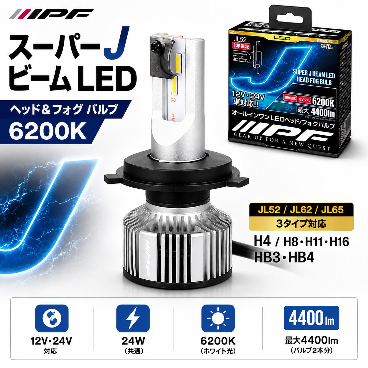 IPF スーパーJビーム LEDヘッド＆フォグバルブ 6200Kシリーズ純正ハロゲンバルブから交換できる、小型オールインワン設計のLEDバルブ2本セットです。JL52（H4）、JL62（H8/H11/H16）、JL65（HB3/HB4）から...