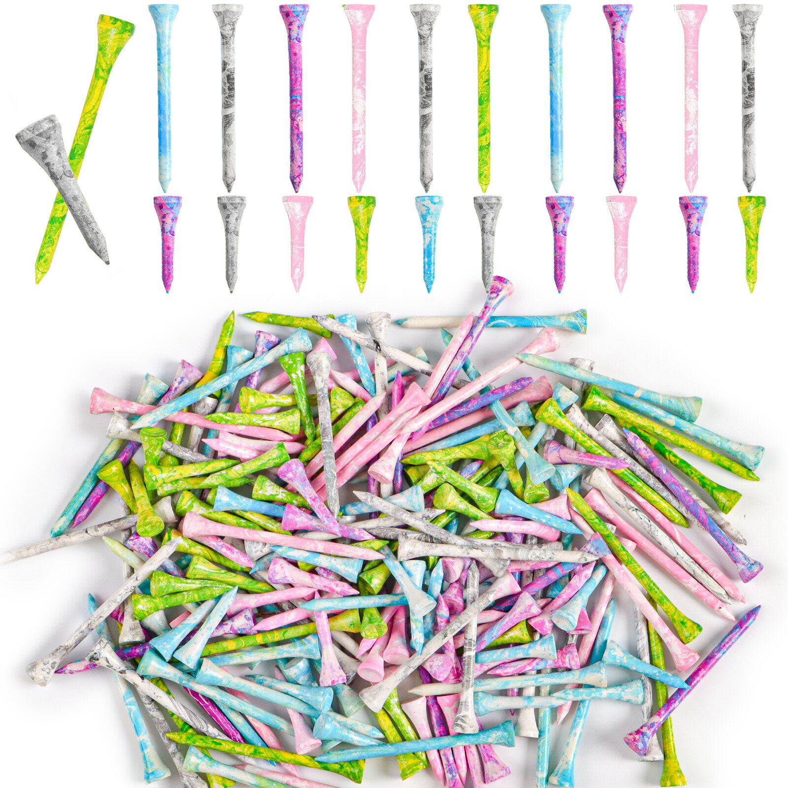 オシャレなデザイン：天然木材の持つナチュラルな風合いに、他にはない遊び心のある独特なカラードリップデザインで、目を引くおしゃれさが特徴です。ゴルフティー本来の機能性に加え、デザイン性も兼ね備えた一品です。 竹製で耐久性抜群：竹製ティーは、木...