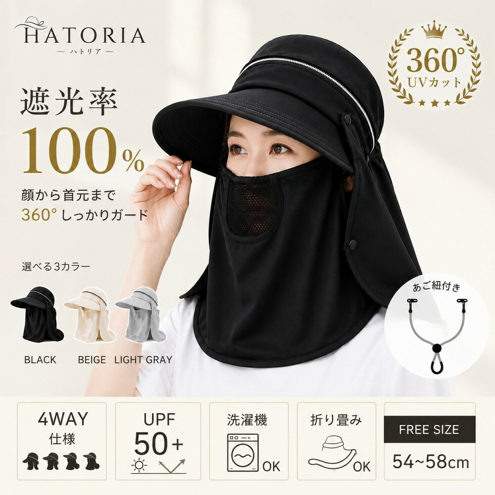 顔まわりから首元までしっかり日差し対策 つば広帽子にフェイスカバーとネックガードを組み合わせた、春夏の紫外線対策に便利な4WAY帽子です。 遮光100％・UPF50+・360°UV対策 つば広デザイン 広いつばが顔まわりの日差しをカバー。通...