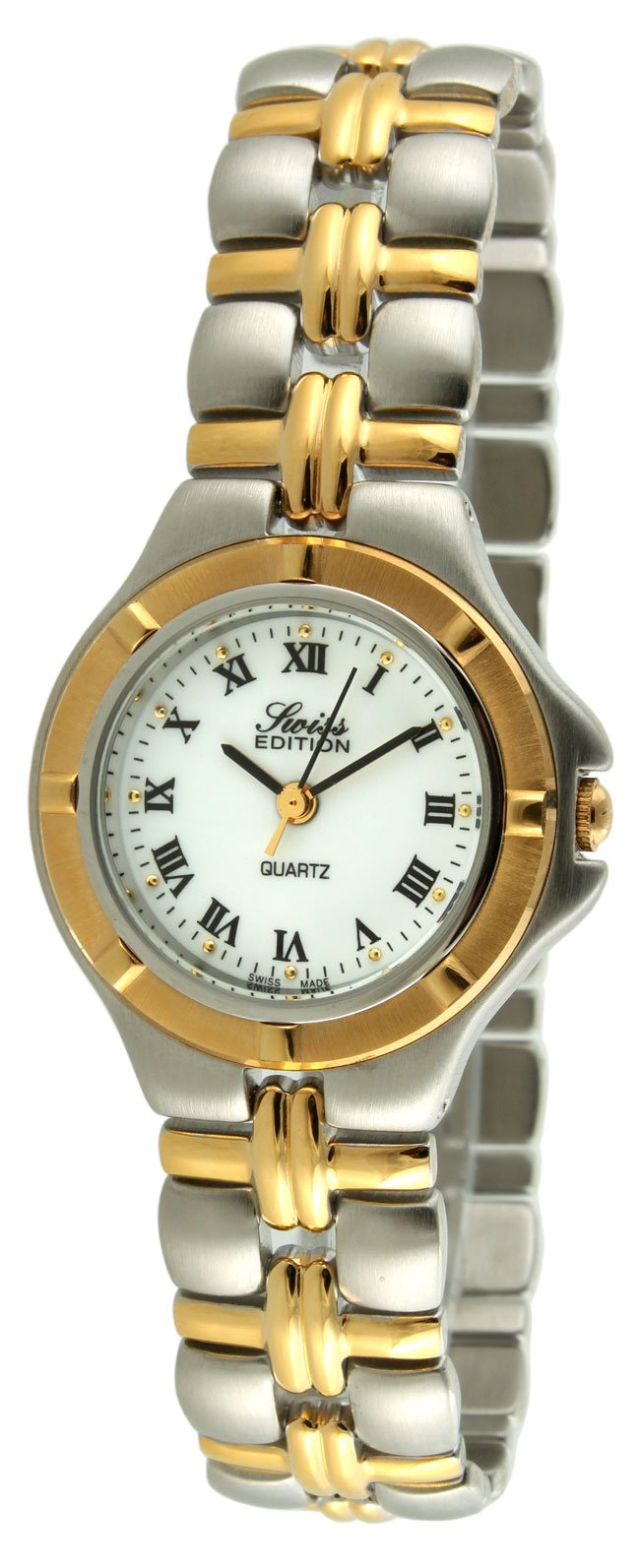 Swiss Editionローマ数字ホワイトダイヤルゴールドベゼルレディース2トーンシルバー& 23 Kゴールドメッキ高級ドレスWatch se3606-l