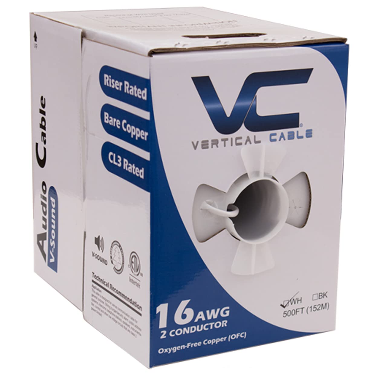 オーディオケーブル、16 AWG、2 Conductor、65ストランド500 ft、PVC、ジャケット、Pullボックス、ホワイト