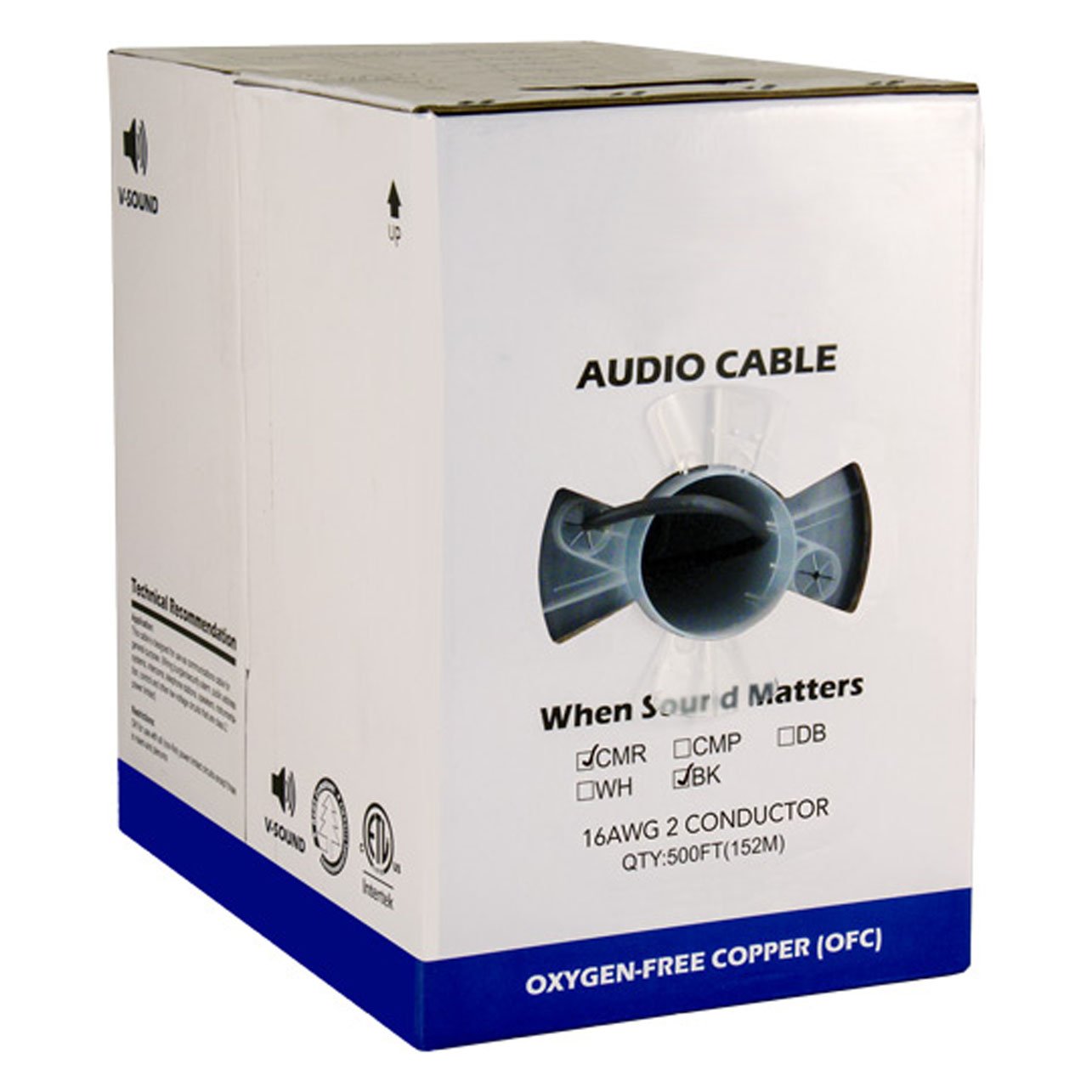 オーディオケーブル、16 AWG、2 Conductor、65ストランド500 ft、PVC、ジャケット、Pullボックス、ブラック