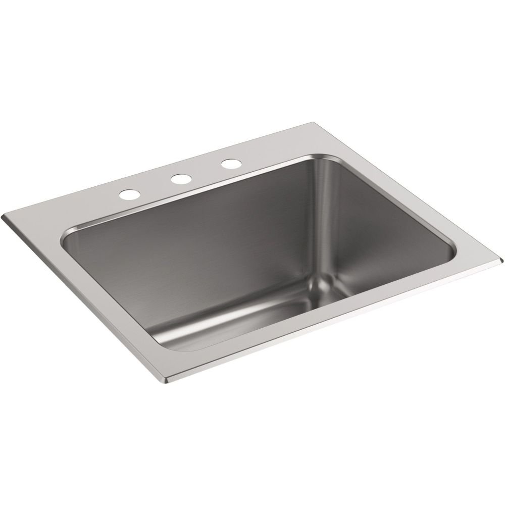 KOHLER K-5798-3-NA Ballad 25インチ x 22インチ トップマウントユーティリティシンク 蛇口穴3つ付き ステンレススチール