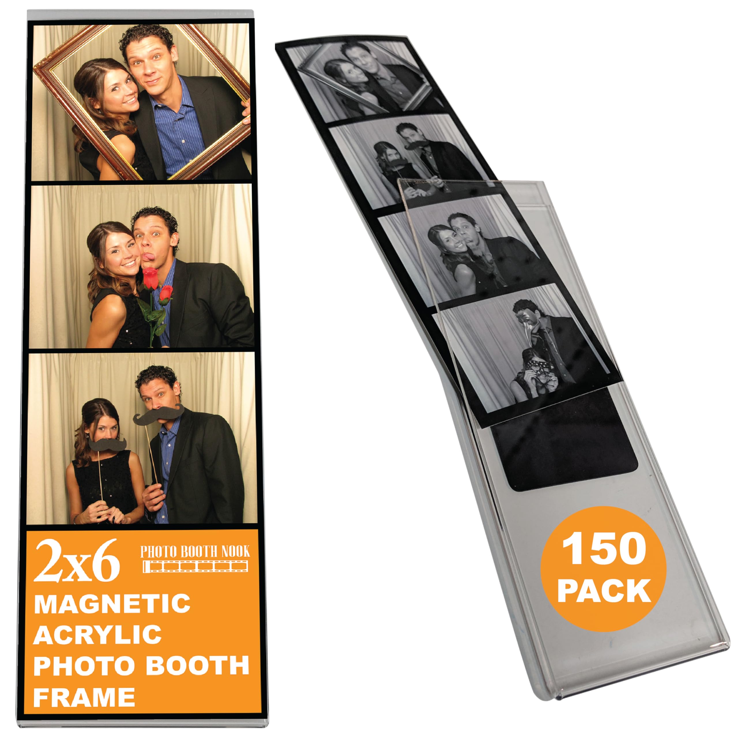(150 Pack) PHOTO BOOTH NOOK 2X6 Acrylic Magnetic Frames with Inserts for Photobooth Strips Refrigera