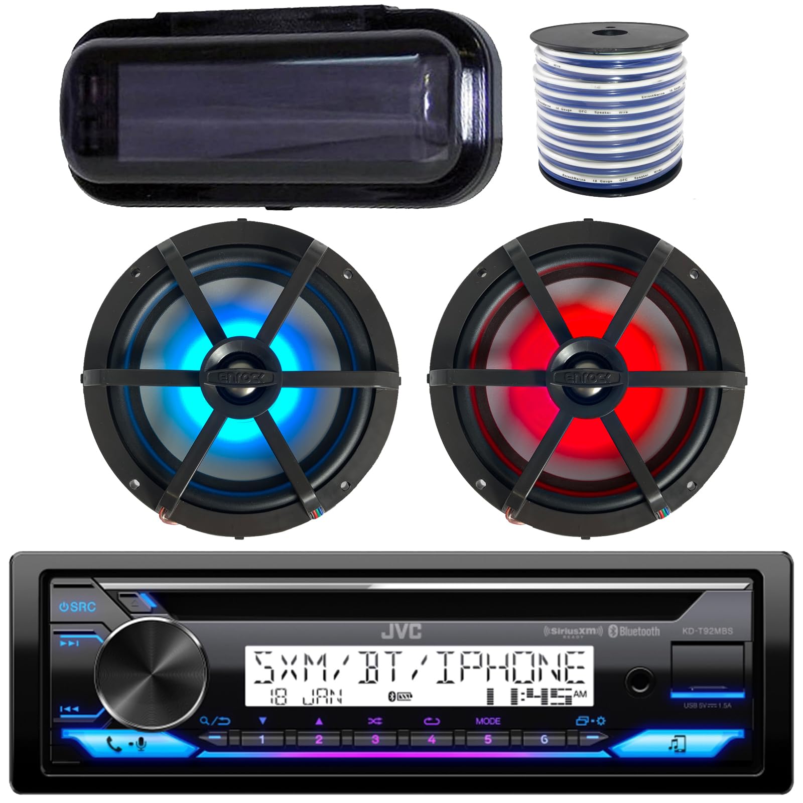 JVC KD-X33MBS In-Dash Marine Boat Bluetooth Radio USB Receiver Bundle Combo With Pair Of Enrock EKMR