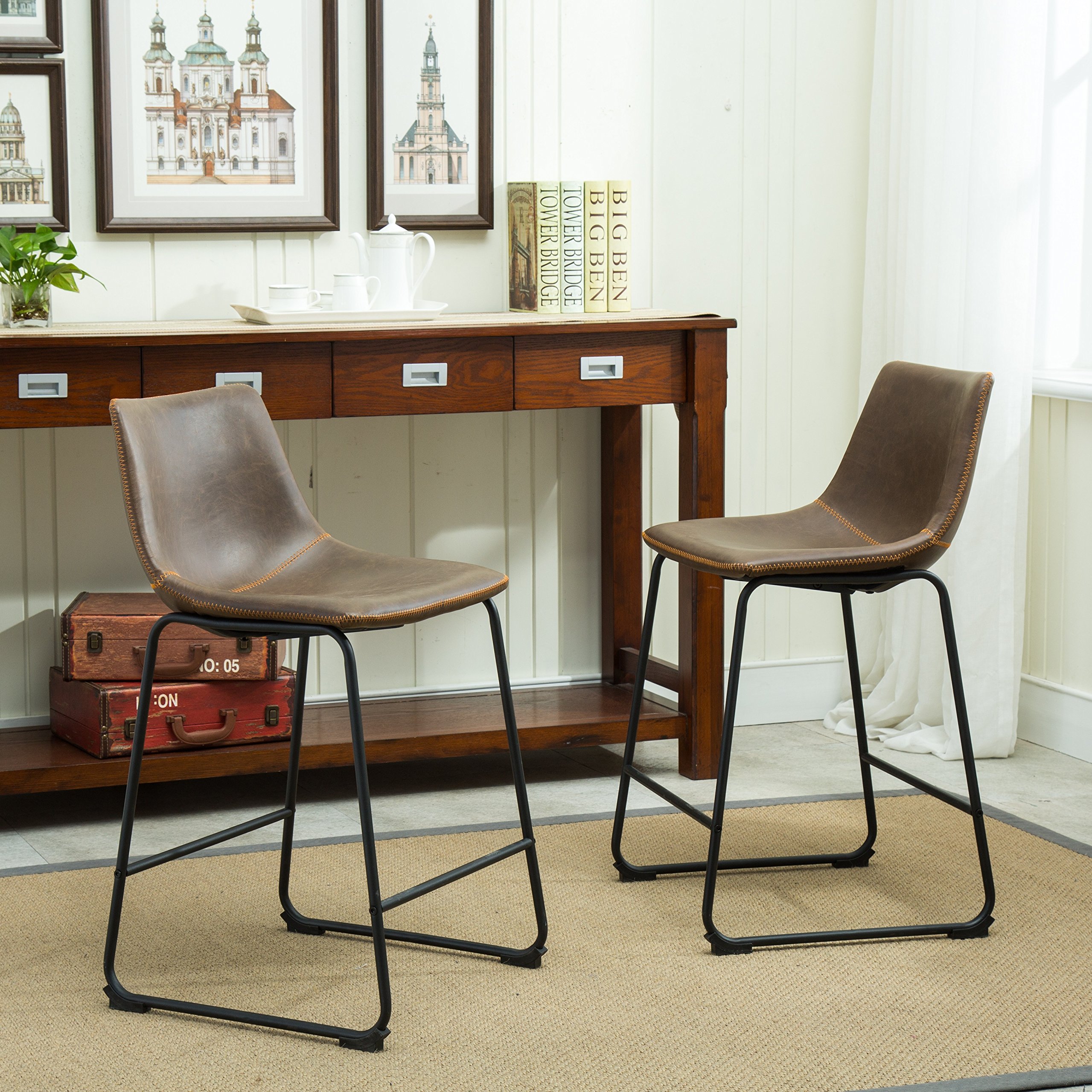 Roundhill Furniture Lotusville ヴィンテージ PUレザー カウンター高さスツール アンティークブラウン 2個セット