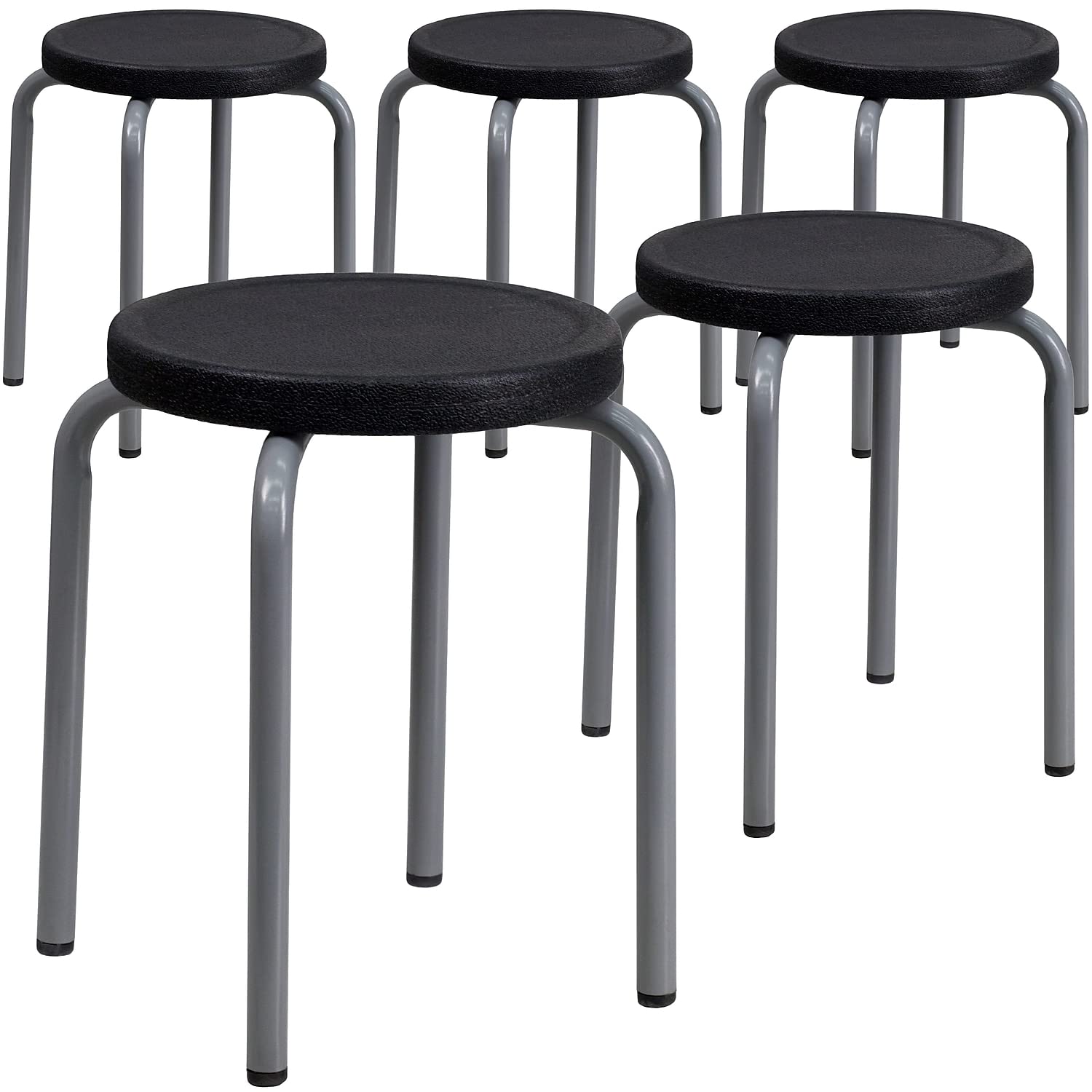 Flash Furniture 積み重ね可能スツール 5個パック ブラックシート シルバーパウダーコーティングフレーム