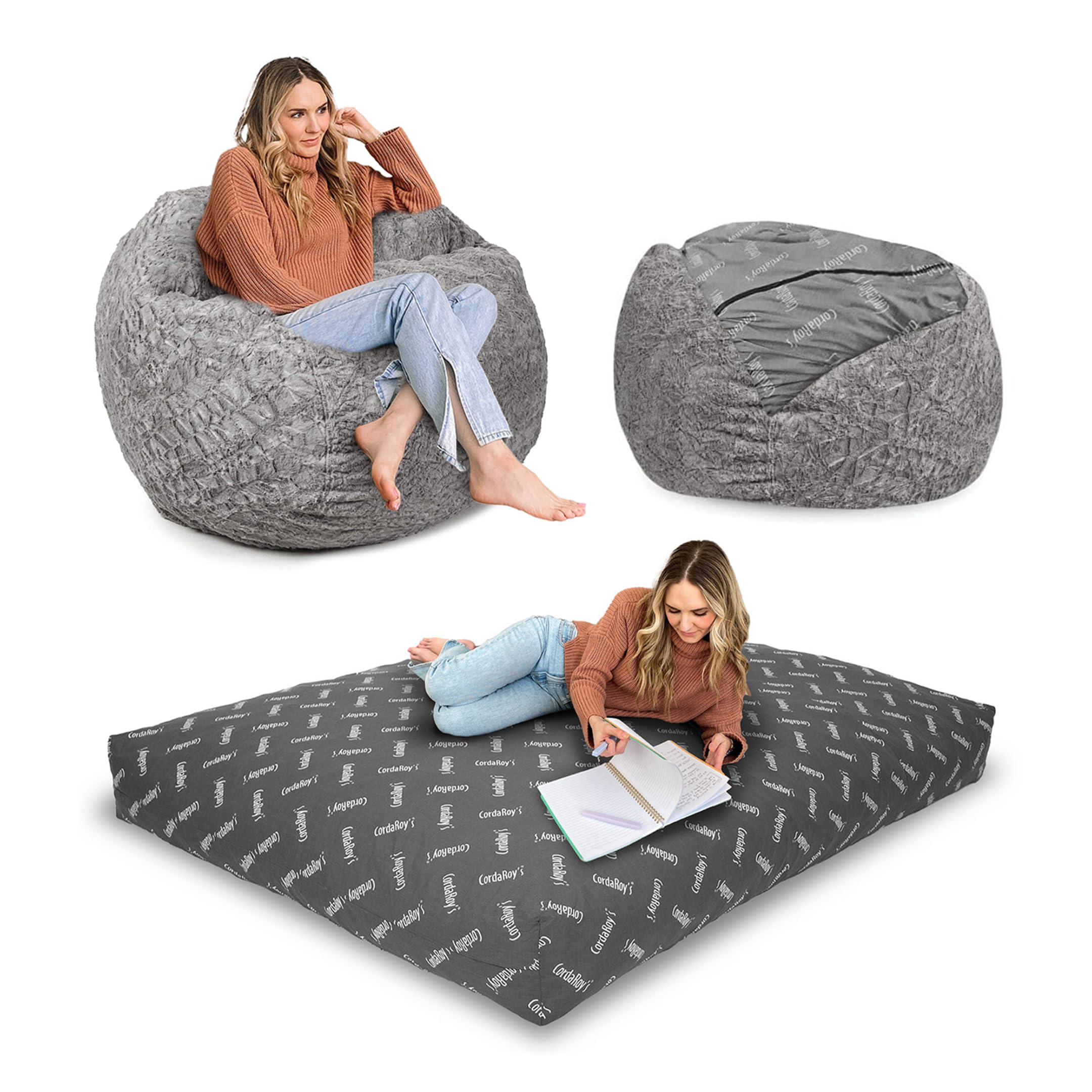 CordaRoyのフェイクファービーンバッグ-コンバーチブルビーンバッグチェア-洗濯機洗い可能なフェイクファーファブリックカバー 地下室、リビングルーム、ゲームルーム、寮などに - クイーンサイズ -