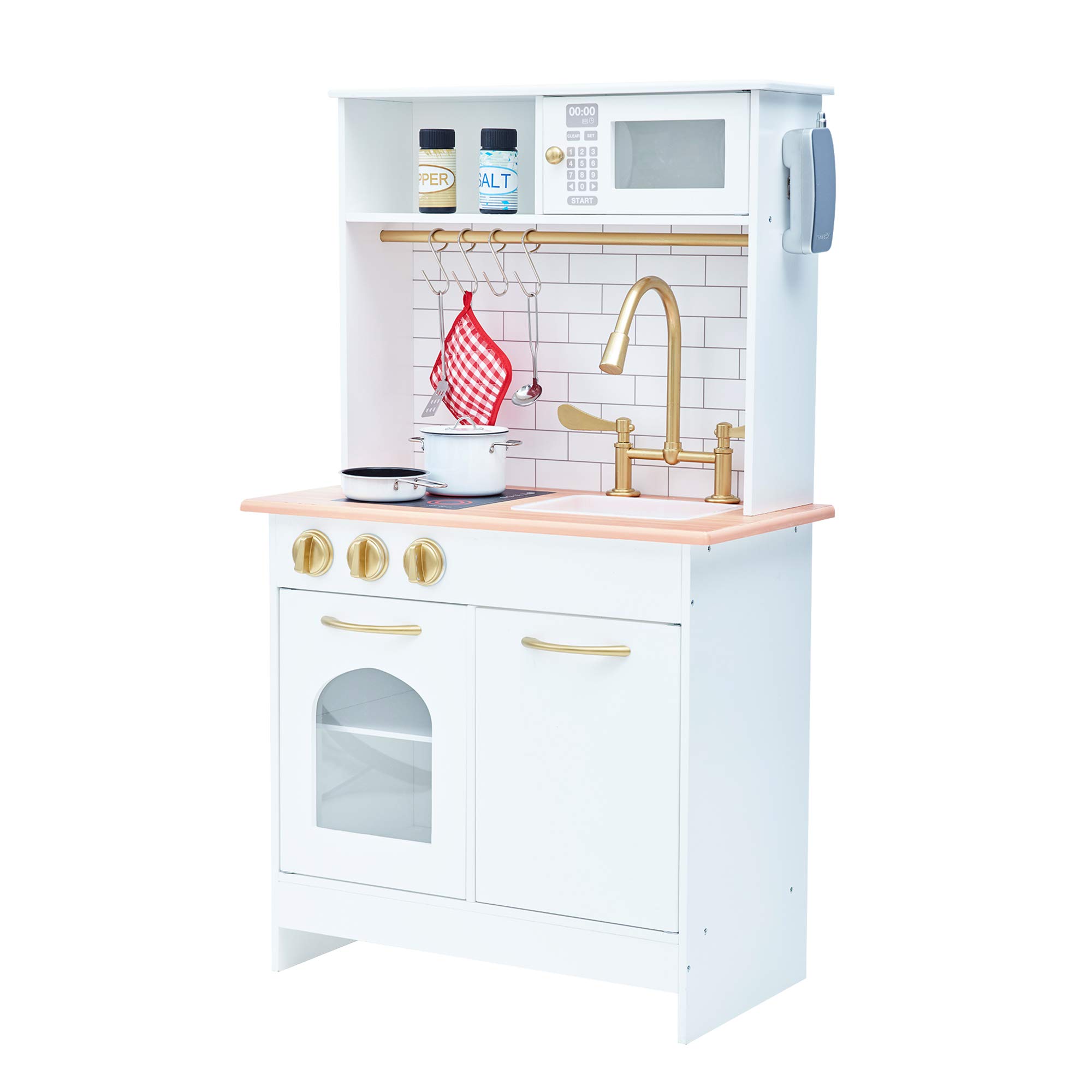 Teamson キッズ リトルシェフ ボストン コンパクト ファームハウス インタラクティブ木製プレイキッチン シンク、オーブン、電子レンジ、収納スペース付き 片付けが簡単 ホワイトとゴールド仕上げ