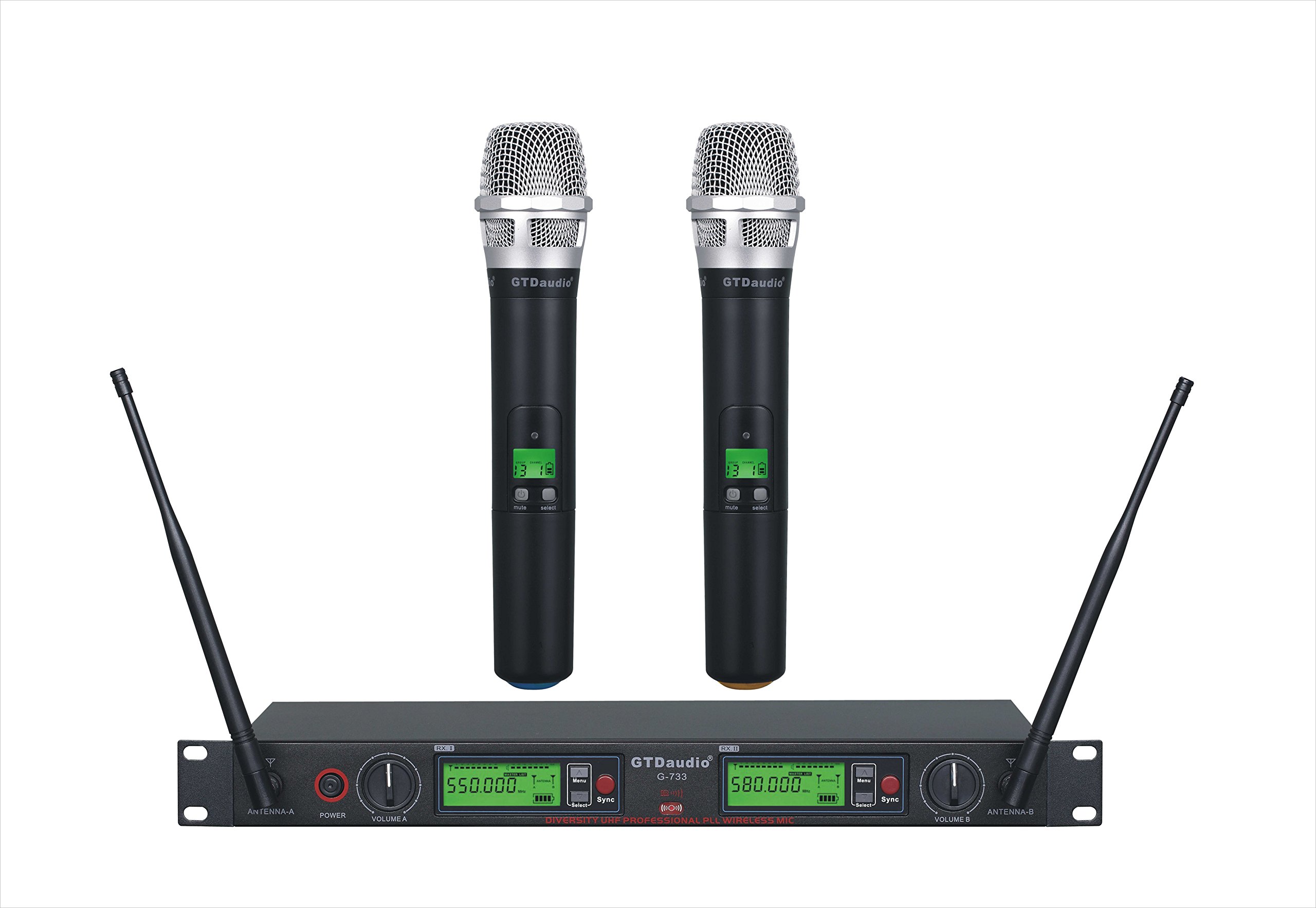 GTD Audio 2x800 Channel UHF Diversity Wireless Hand-held Microphone Karaoke Mic System 733 (2 Hand h