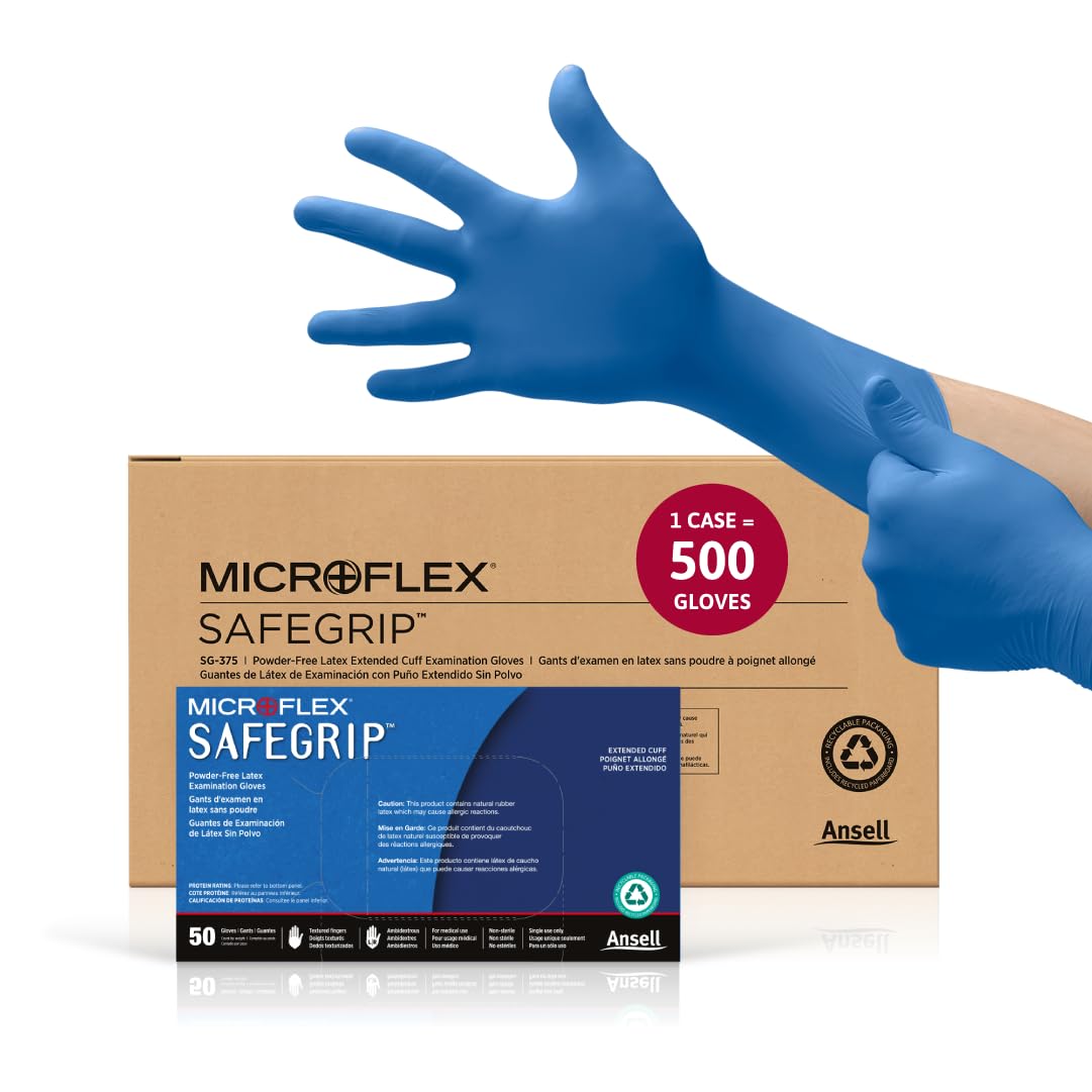 Microflex SG-375 Disposable Latex Gloves Medical/Exam Grade Long Cuff Thick Powder Free Glove in N