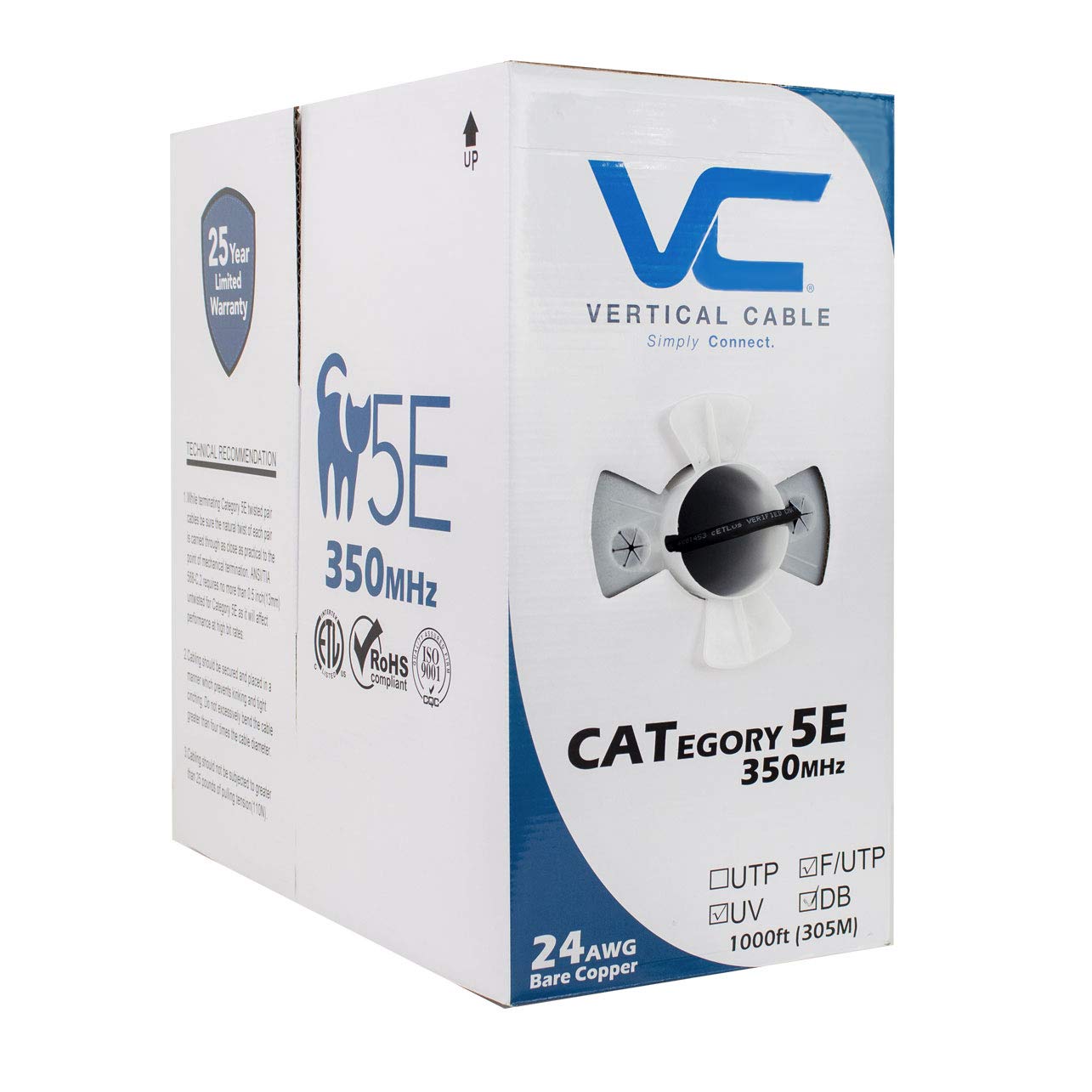 Vertical Cable CAT5E Shielded Dual Jacket Direct Burial 1000ft Black Bulk Ethernet Cable