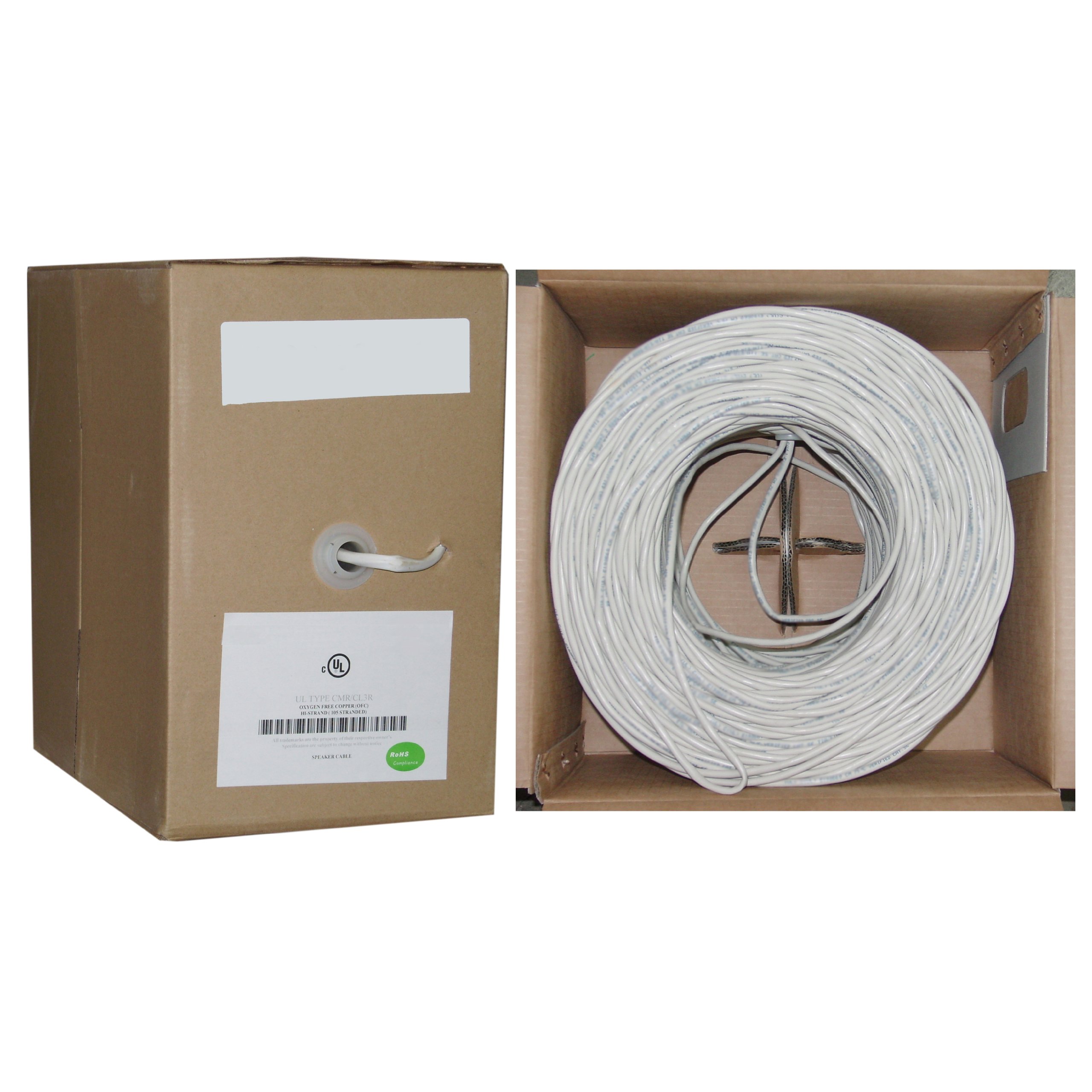 スピーカーケーブル、ホワイト、純粋な銅、CM / Inwall定格、14 / 2 ( 14 AWG 2 Conductor、105ストランド/ 0.16 MM、Pullbox、500足