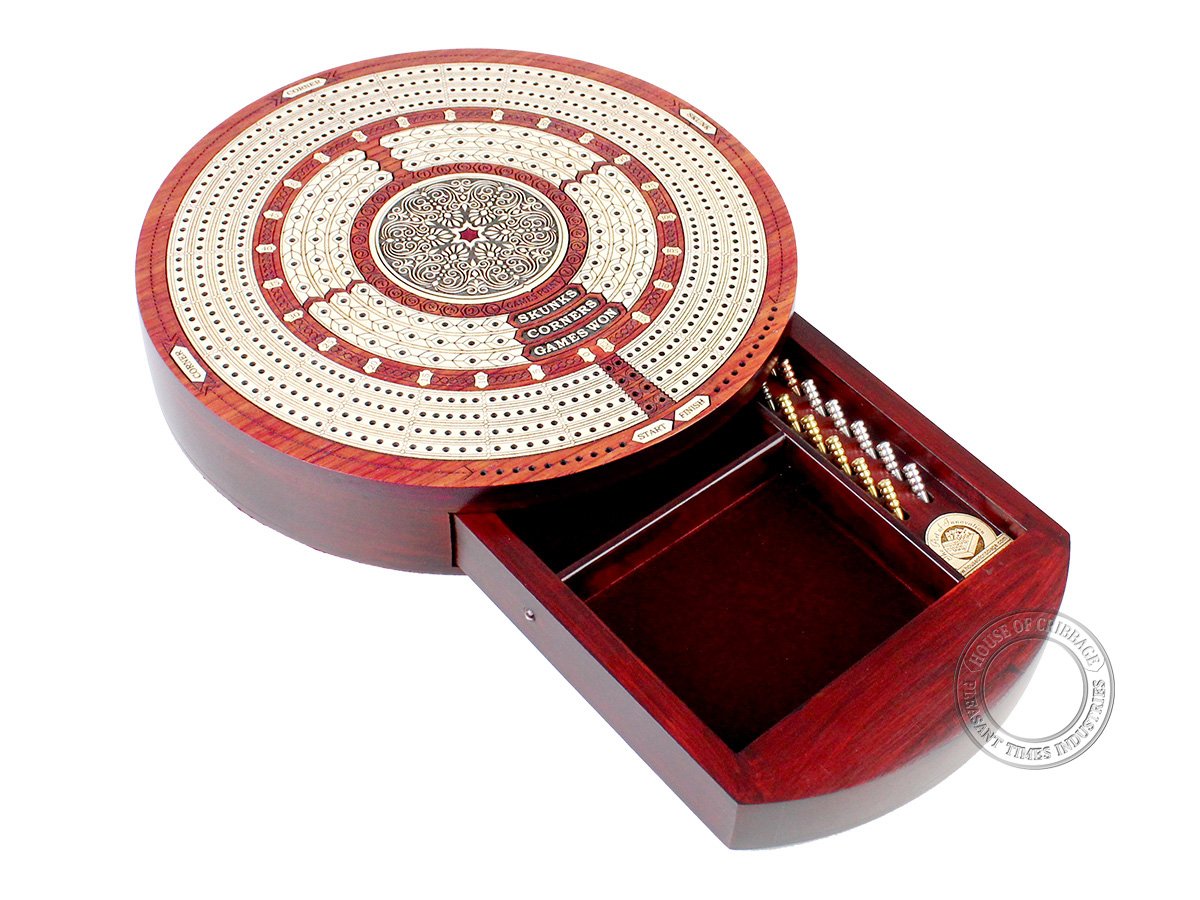 House of Cribbage - Round Shape 4 Tracks Continuous Cribbage Board Bloodwood / Maple with Push Drawe