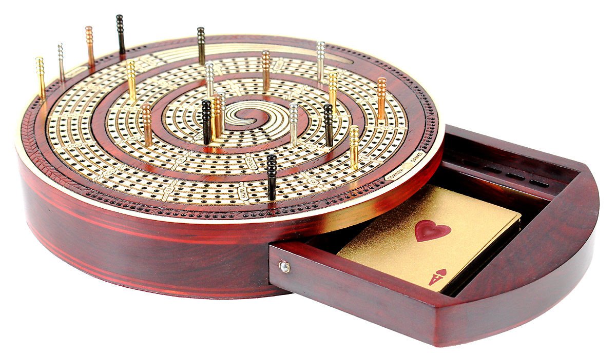 House of Cribbage - Cribbage Board Spiral Design Round Shape 4 Tracks Bloodwood/Maple with place for
