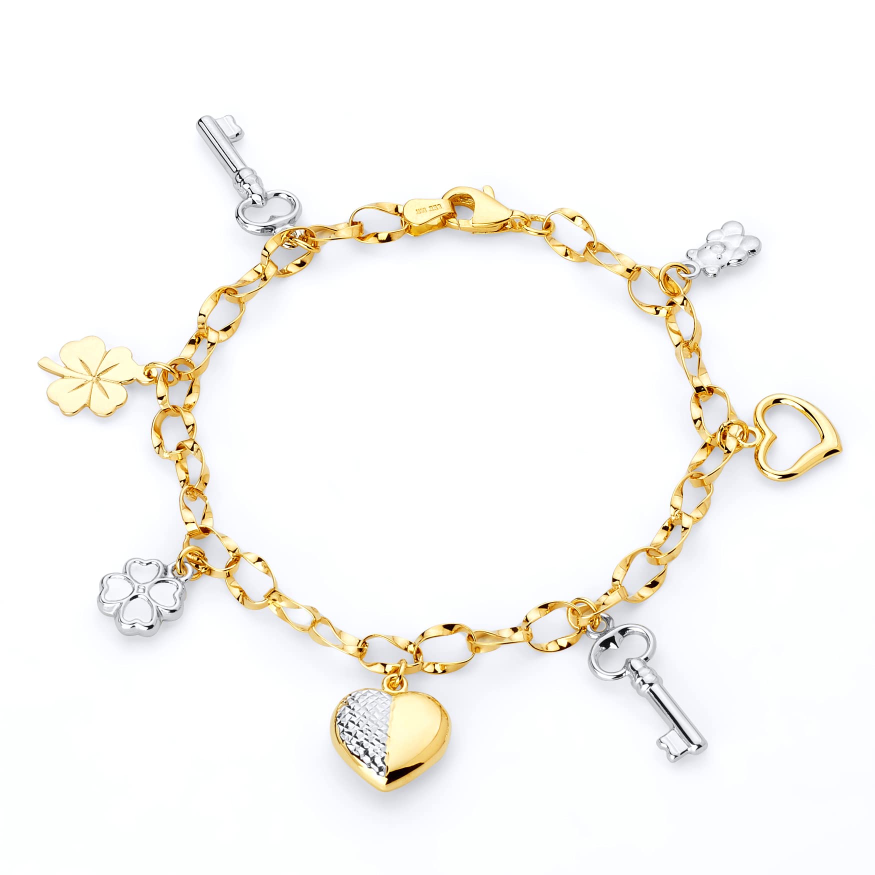 Wellingsale 14 K 2つ2トーンホワイトとイエローゴールド光沢チャームブレスレットwith Lobster Claw Clasp ? 7.5