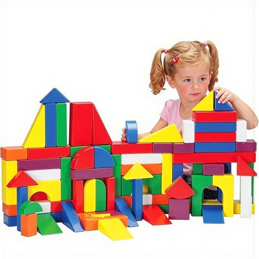 CP Toys 82 pc. Multi-Colored Hardwood Unit Blocks Set with 13 Different Shapes in 7 Colors by Constr