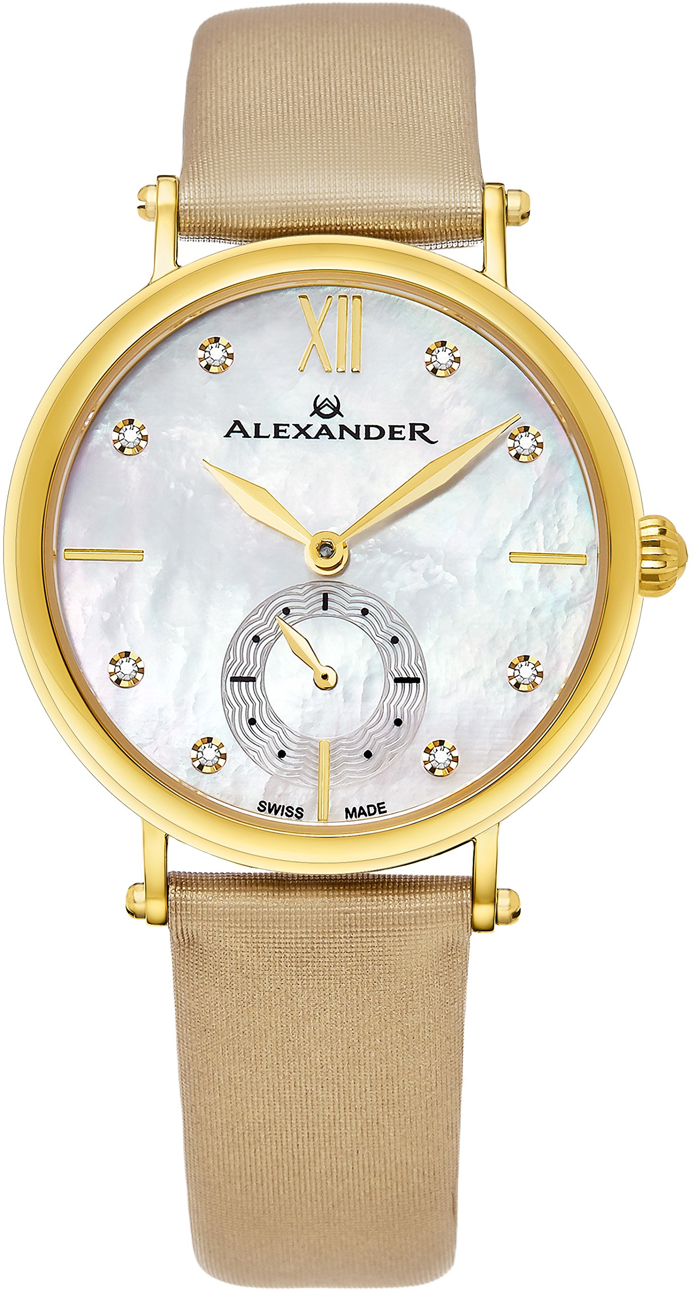 Alexander Monarch Roxanaホワイト母のパールダイヤモンドLarge FaceステンレススチールメッキイエローゴールドWatch for Women ? スイスクォーツブラウンサテ