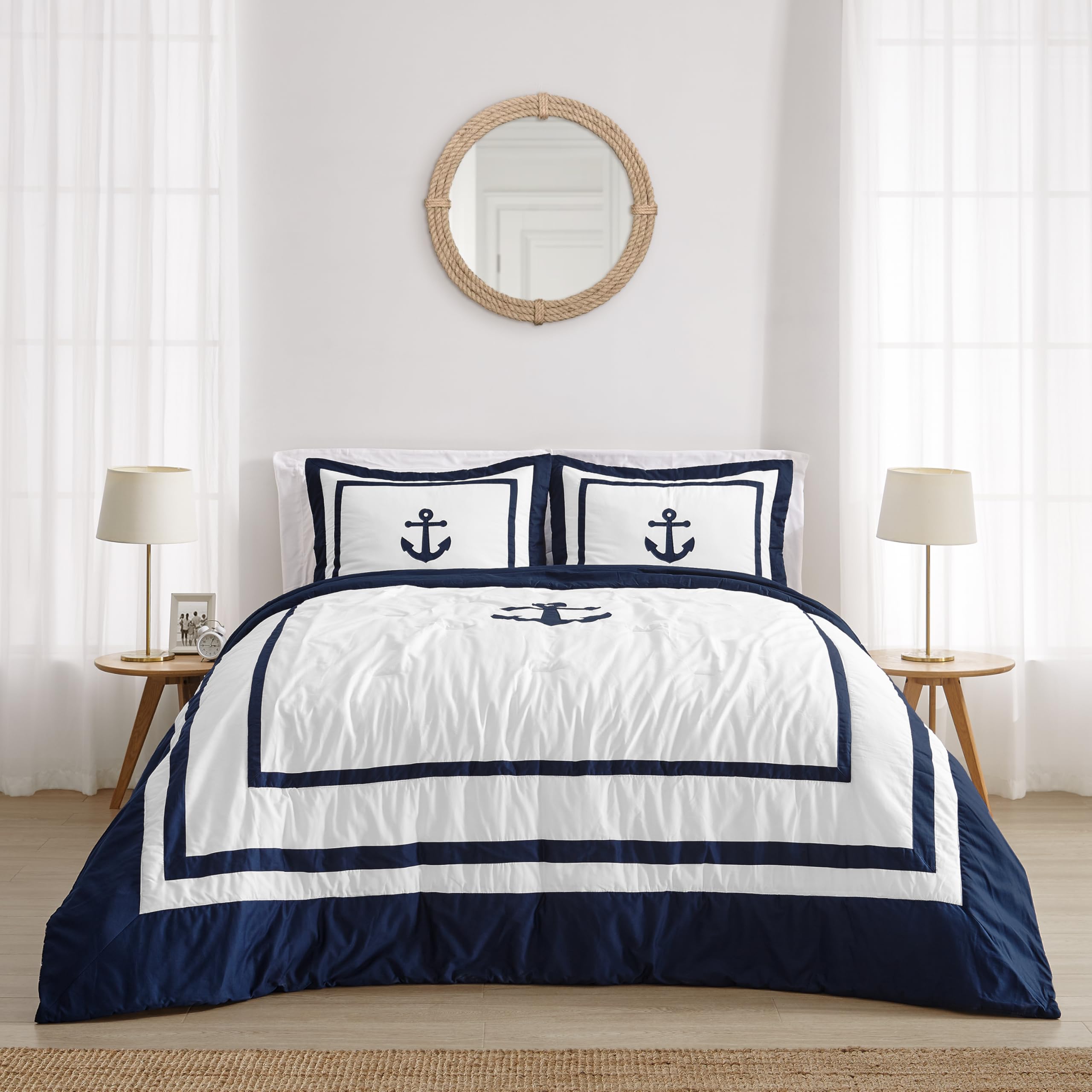 [スウィートジョジョデザイン]Sweet Jojo Designs Anchors Away Nautical Navy and White 3 Piece Full / Queen Bedding