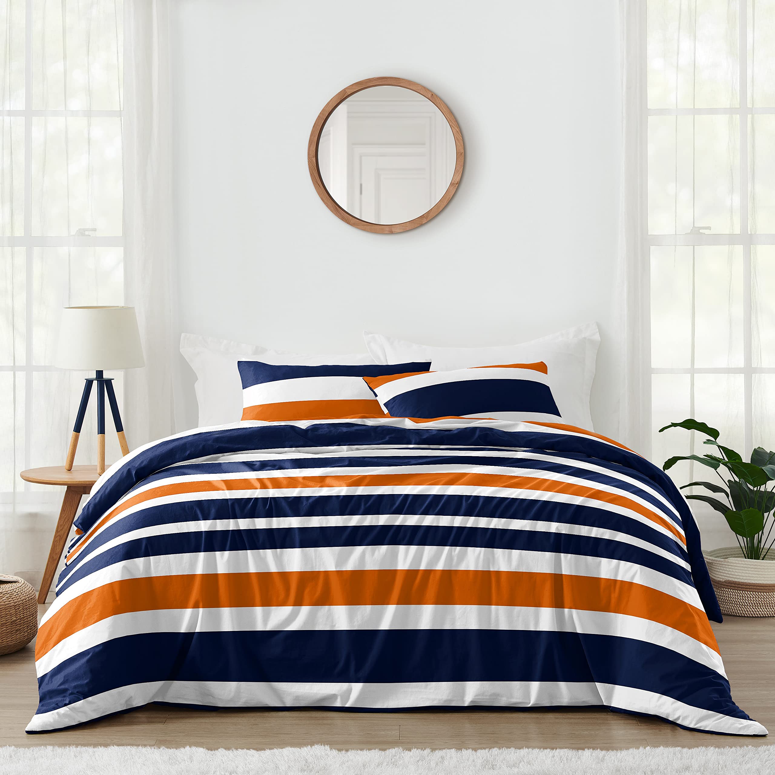 Sweet Jojoデザインネイビーブルー、オレンジと白子供、ティーン3ピースフル/クイーンBoysストライプ寝具セットコレクション