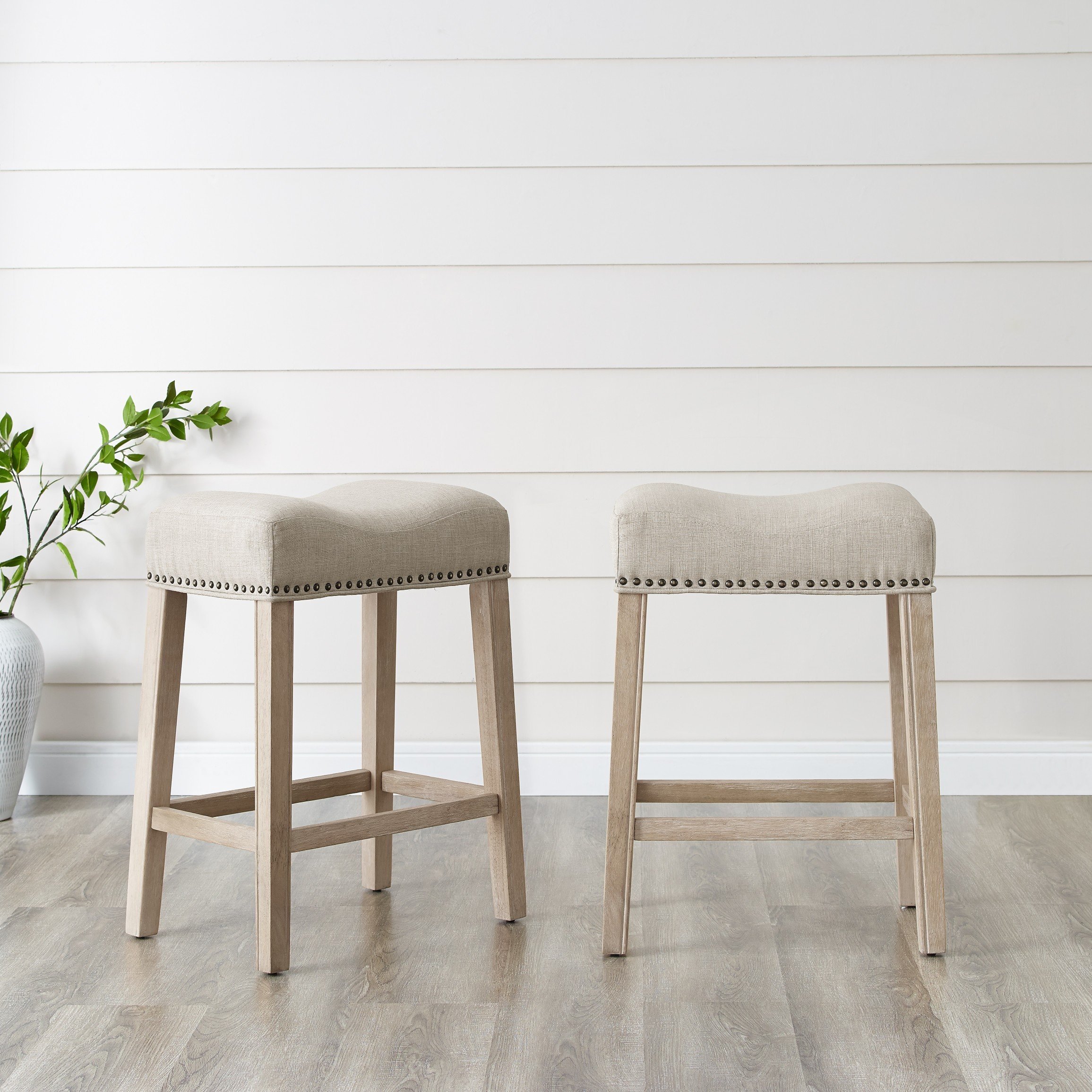 Roundhill Furniture Coco 布張り バックレス サドルシート カウンター スツール 高さ25.5インチ 2枚セット 生地 タン