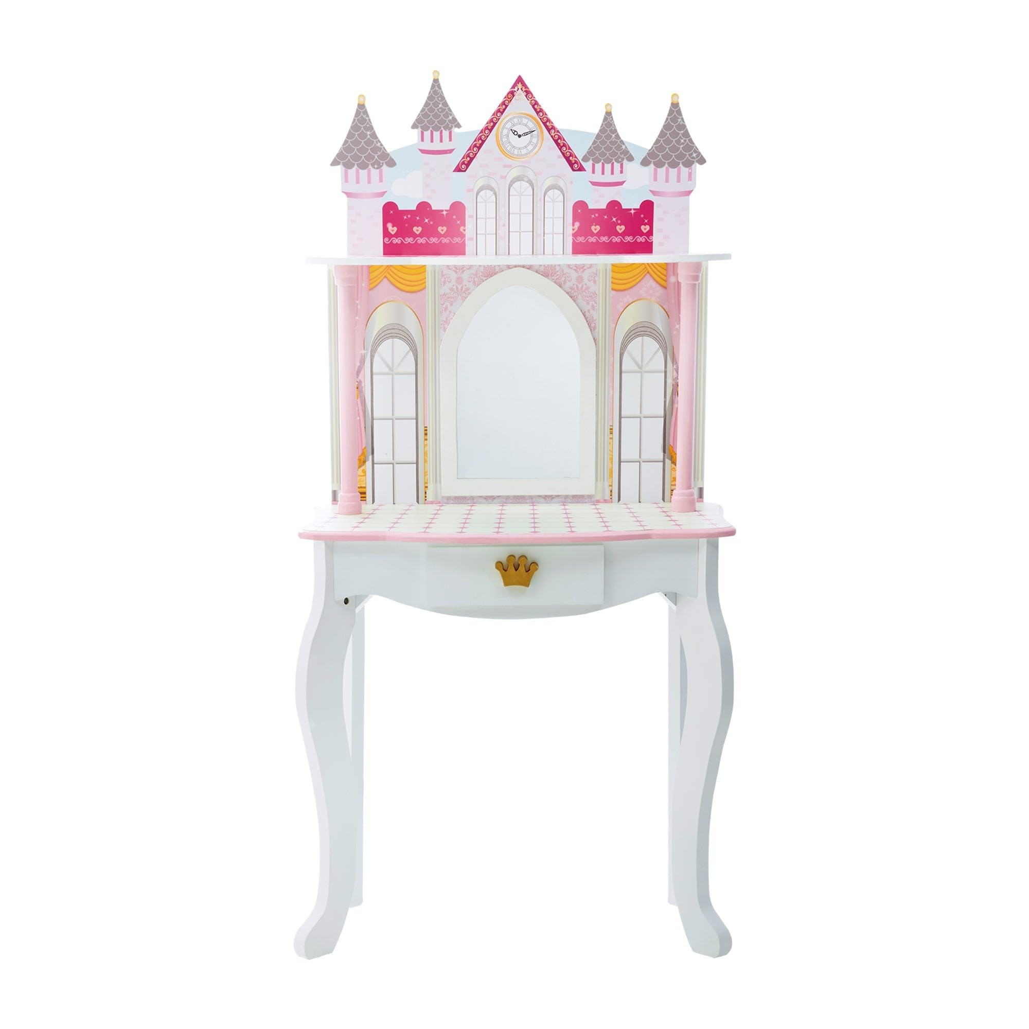 Teamson キッズ ガールズ プリンセス化粧台セット ミラー付き お揃いのスツール 城の背景 ドールハウス用家具 ホワイト/ピンク