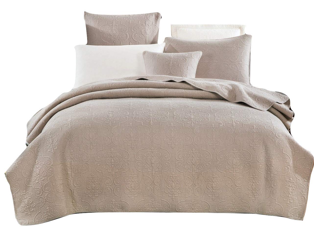 DaDa Bedding エレガントなフリースシェルパベッドスプレッド - スカラップ花柄ブランケットセット - ソフトで心地よく暖かいタンベージュ キング グレー