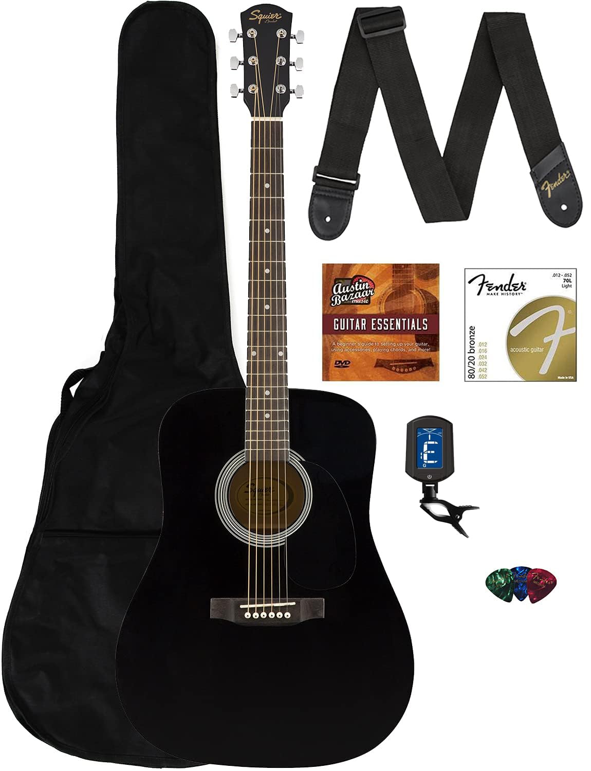 Fender Squier Dreadnought アコースティックギター ? ブラックバンドル ギグバッグ、チューナー、ストラップ、ストリング、ピック、インストラクションブック、Austin Baz