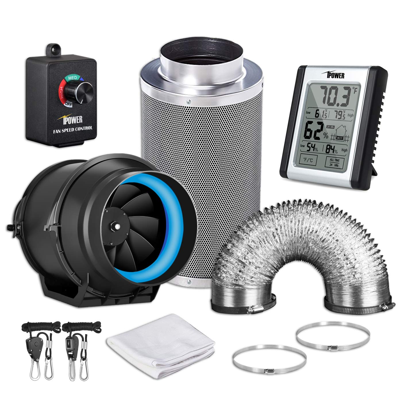 iPower GLFANXEXPSET6D25CHUMD 6 Inch 350 CFM Inline Filter 25 Feet Ducting with Fan Speed Controller