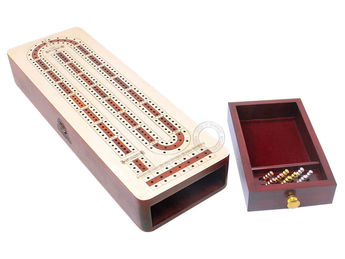 House of Cribbage 連続クリベッジボード アルファベットe形状 メープルとブラッドウッドに象嵌 ペグとカード用の収納引き出し付き - 3トラック