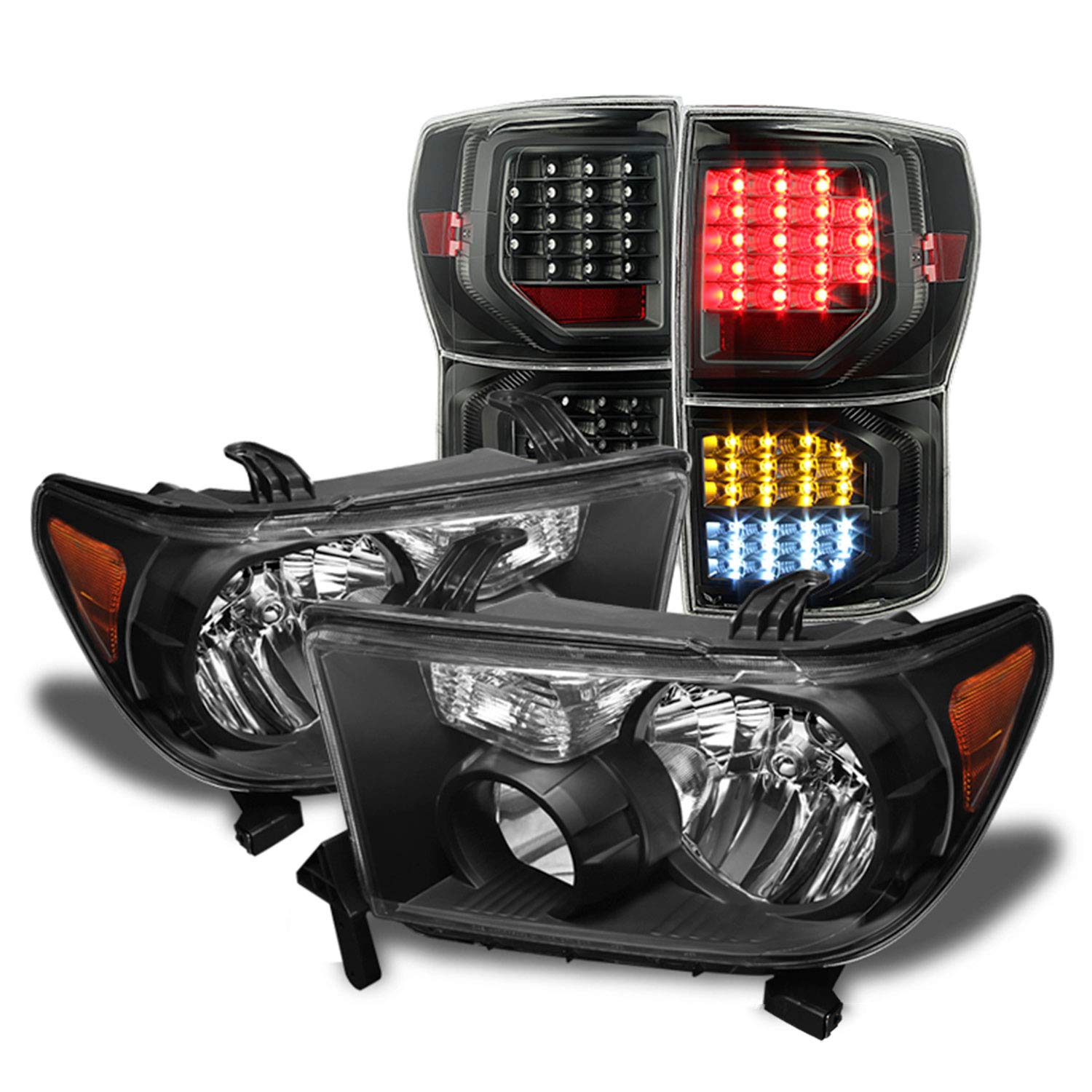2007-2013 トヨタ タンドラ ピックアップトラック ブラックヘッドライト+フルLEDテールランプブレーキライト ペア 左+右交換用