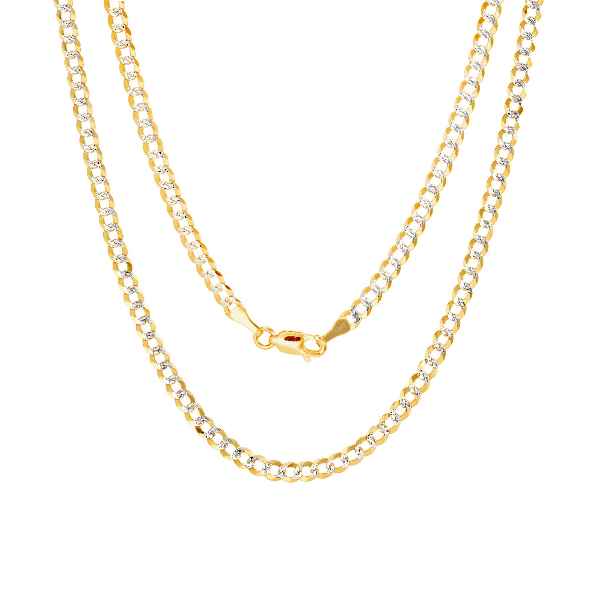 Nuragold 14K イエローゴールド ソリッド 4mm キューバチェーン カーブリンク ダイヤモンドカット パヴェ ツートーン ペンダントネックレス メンズ レディース ジュエリー 16インチ