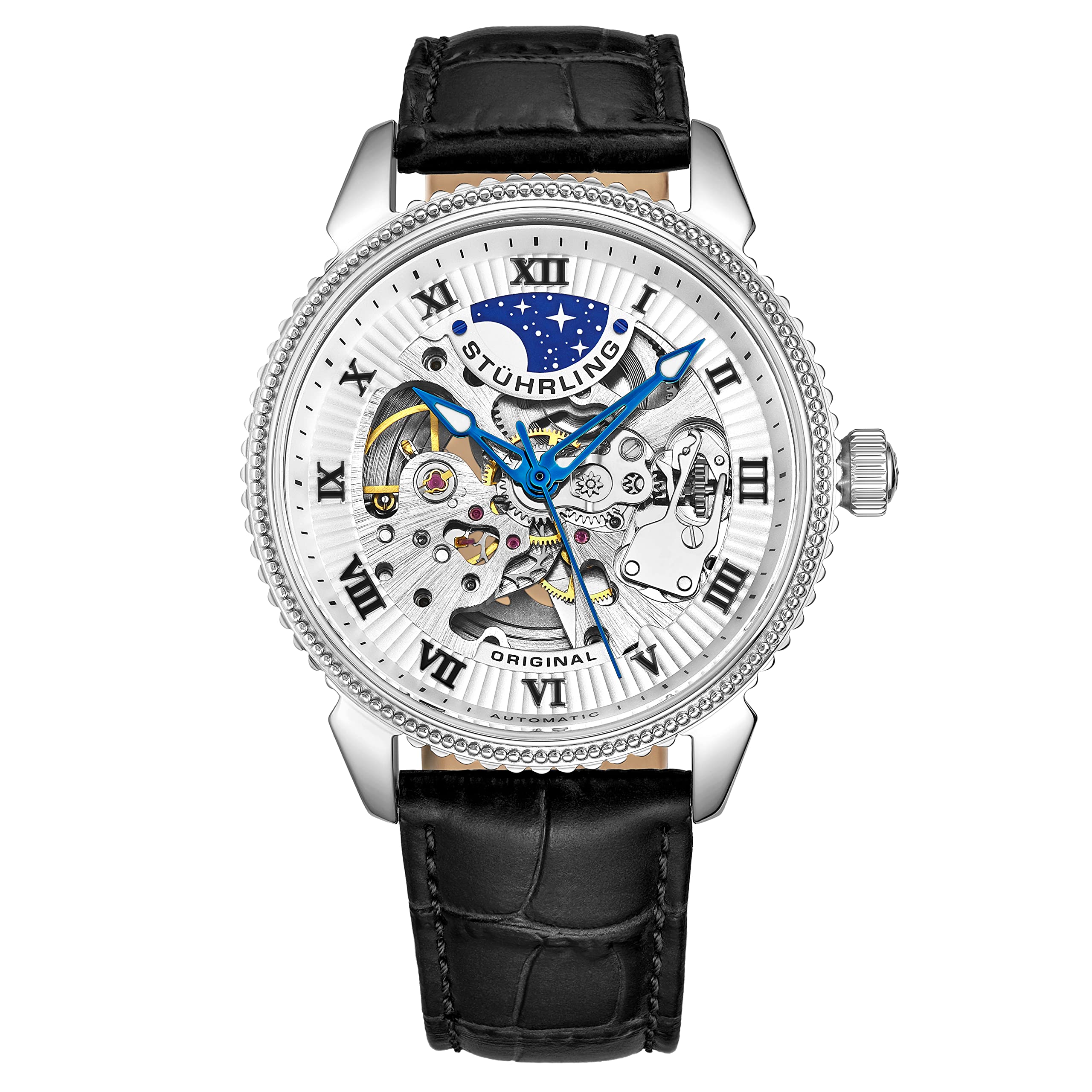 Stuhrling オリジナルメンズウォッチ ? スケルトンウォッチ 自動巻き ムーブメント ドレスウォッチ プレミアムブラックレザーバンド 機械式腕時計 メンズ シルバー セルフ、メカニカル