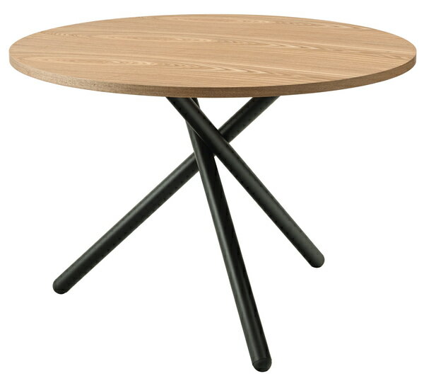 ●どの角度から見ても美しいクロスデザイン。●クロスした3本のブラックスチール脚がスタイリッシュなラウンドテーブル。●太いブラックスチールの脚部が空間を引き締め、シックで上品な印象を与えます。●ナチュラルな木目調の天板は温かみがあり、他のイン...