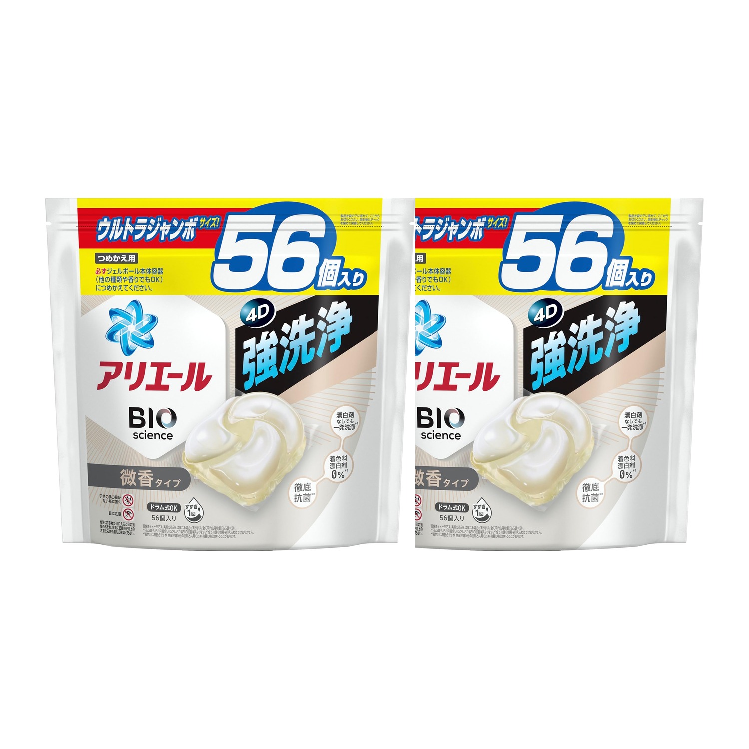 【2個セット】アリエール バイオサイエンス ジェルボール4D 微香タイプ つめかえ用 ウルトラジャンボサイズ 56個です。計量いらずで1粒ポンと入れるだけ合成着色料・漂白剤0%の微香タイプ（メーカー表記）チャック付きのつめかえ用パウチ■ 商...