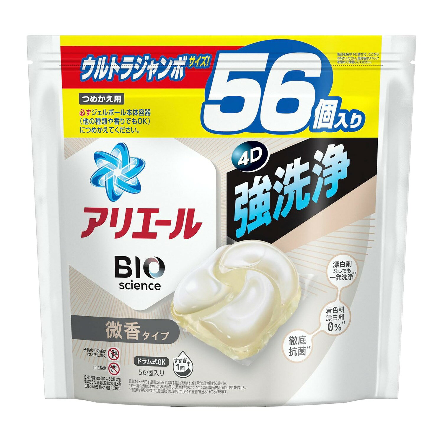 アリエール バイオサイエンス ジェルボール4D 微香タイプ つめかえ用 ウルトラジャンボサイズ 56個です。計量いらずで1粒ポンと入れるだけ合成着色料・漂白剤0%の微香タイプ（メーカー表記）チャック付きのつめかえ用パウチ■ 商品仕様品名衣料...