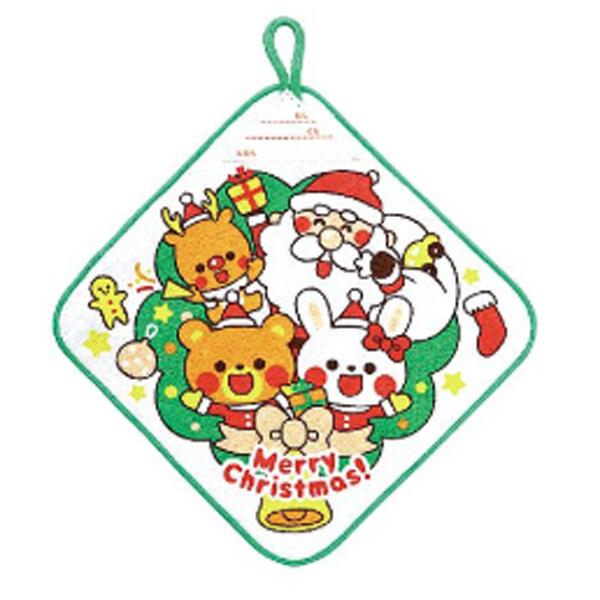 特徴 クリスマス柄のかわいいループ付きタオル！ 仕様 商品サイズ：200×200mm セット内容：本体×1 重量：17g 材質：綿100％ 包装形態：OPP袋 包装サイズ：210×210mm　