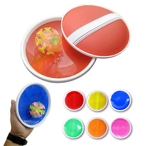 ペタッとくっつく！たのし～キャッチボール！ペタッとキャッチです。 セット内容：キャッチ2枚、吸盤ボール1個 サイズ：キャッチ（直径150mm、厚み15mm）、吸盤ボール（直径45mm）　6色アソート　