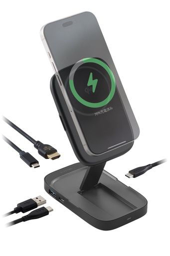 Qi2対応ワイヤレス充電スタンドを付属した、4in1ドッキングステーションです。スマートフォンのワイヤレス充電・周辺機器の接続を1台にまとめられます。 マグネットで固定するだけでQi2対応スマートフォンを充電可能。最大出力15WでiPhon...