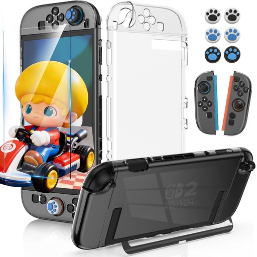 Switch 2専用設計・保護アクセサリーセット:Nintendo Switch 2専用設計の保護ケースセット。本体ケースx1、Joy-Conケースx2、スクリーン保護フィルムx1、アナログスティックカバーx6付き。※Switch/Swit...