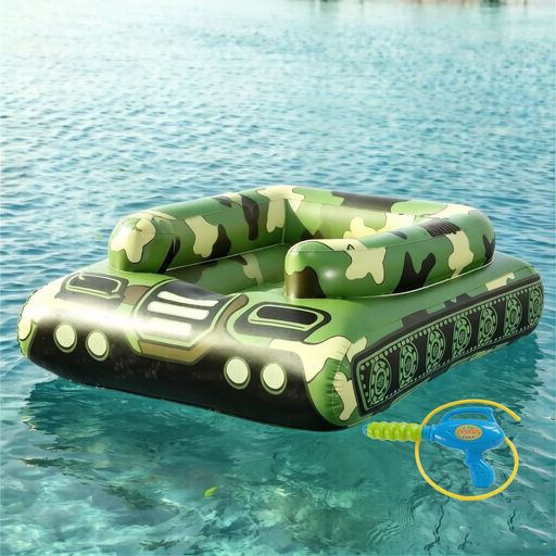 【楽しい水遊びグッズ】水鉄砲付き大型戦車型プールフロート。水を噴射できる戦車型浮き輪です。大きくて快適な乗り心地。ご家族やご友人と水鉄砲バトルを楽しんでください。 【水鉄砲(ウォーターキャノン)付属】ポ​​ンプアクション式の水鉄砲は、プール...