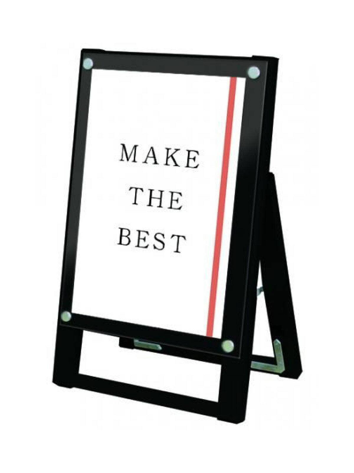 アクリルと化粧ビスでポスターを挟み込んで展示する高級感あるスタンド看板■製品仕様●フレーム＝アルミ押出し材／アルマイト仕上(ブラック)●面板＝アルミ複合板(黒)3mm厚＋アクリル板透明2mm●化粧ビス＝アルミ／アルマイト仕上※シルバー／ゴー...