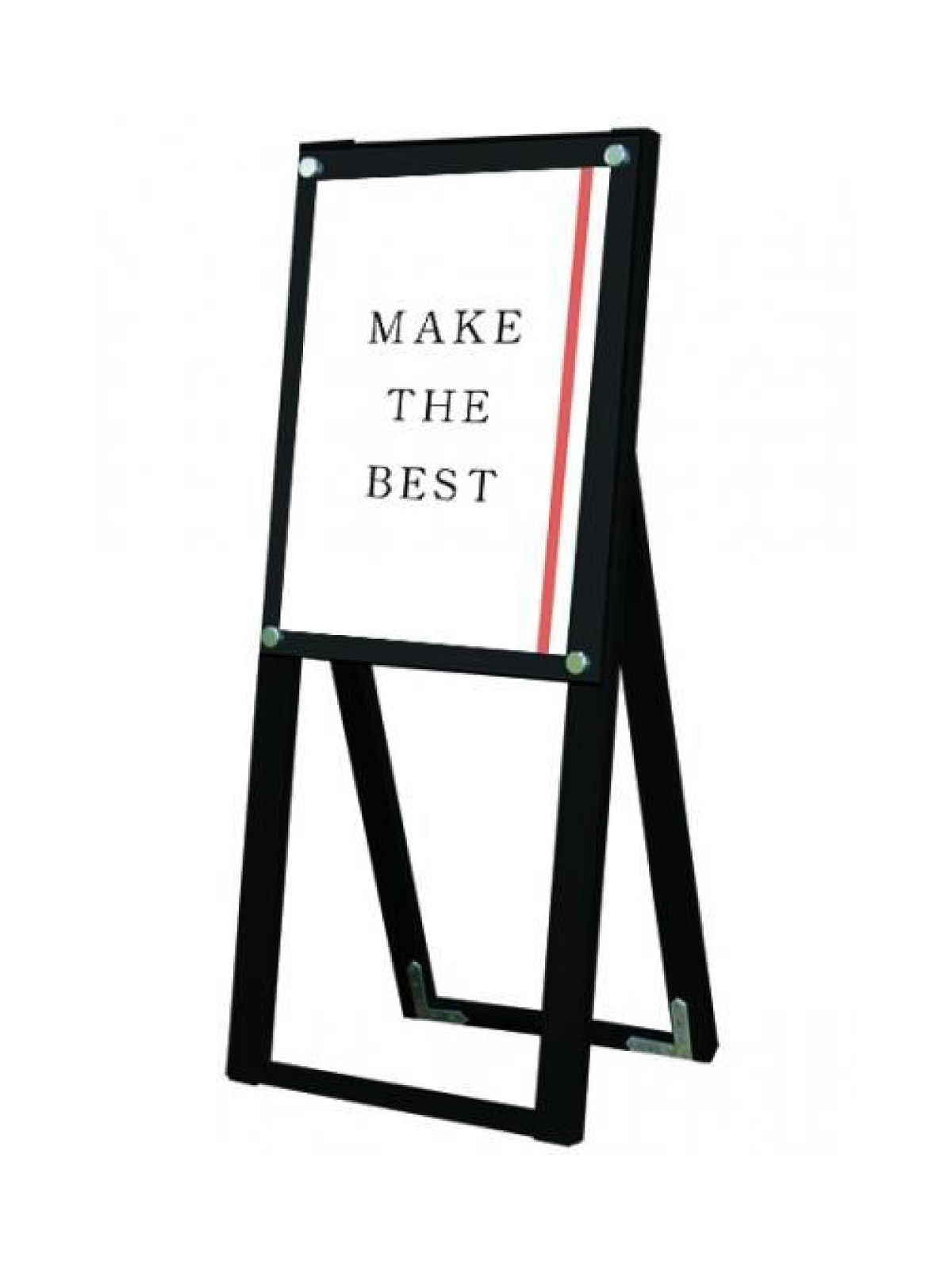 アクリルと化粧ビスでポスターを挟み込んで展示する高級感あるスタンド看板■製品仕様●フレーム＝アルミ押出し材／アルマイト仕上(ブラック)●面板＝アルミ複合板(黒)3mm厚＋アクリル板透明2mm●化粧ビス＝アルミ／アルマイト仕上※シルバー／ゴー...