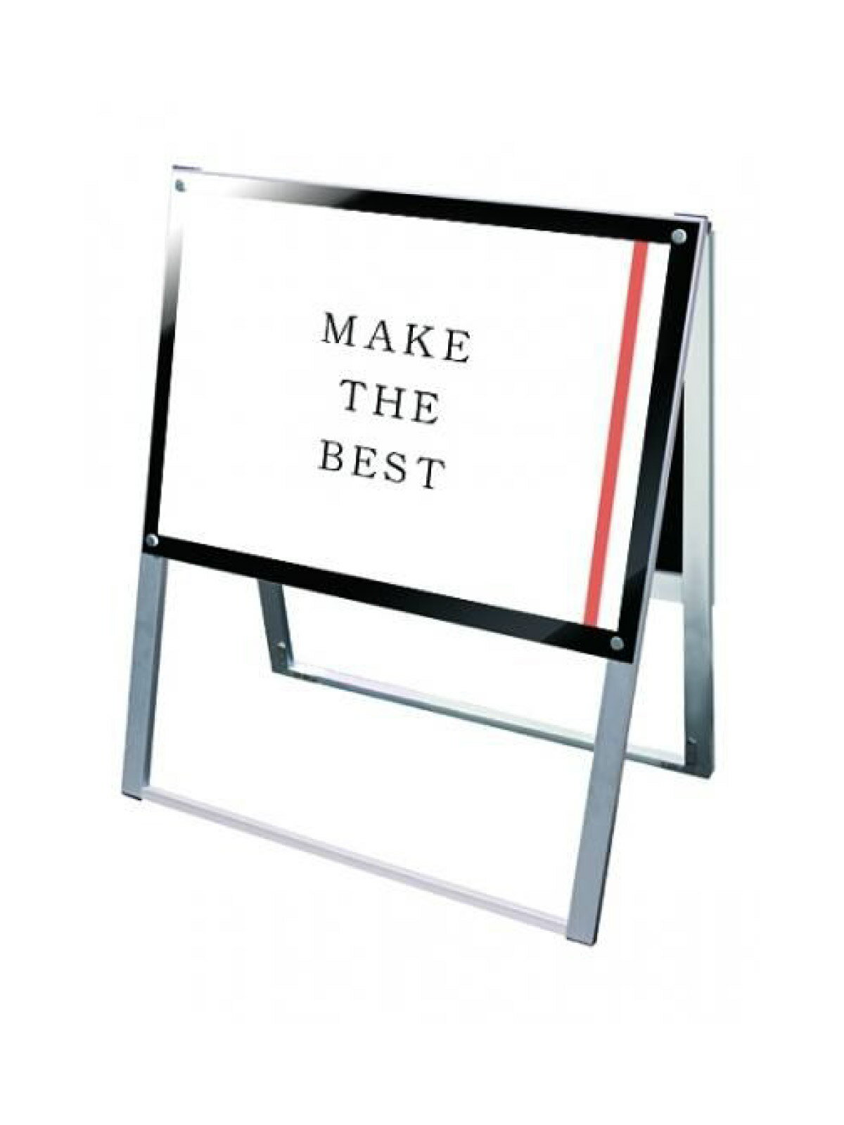 アクリルと化粧ビスでポスターを挟み込んで展示する高級感あるスタンド看板■製品仕様●フレーム＝アルミ押出し材／アルマイト仕上(シルバー)●面板＝アルミ複合板(黒)3mm厚＋アクリル板透明2mm●化粧ビス＝アルミ／アルマイト仕上※シルバー／ゴー...